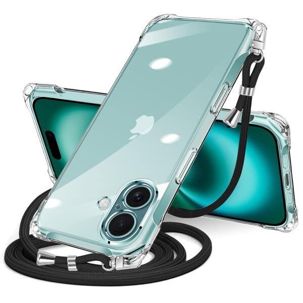 NISIILNG iPhone 16 用 ケース クリア ショルダー iPhone16 スマホケース アイフォン16 カバー 肩掛け 斜めかけ 縄掛けケース 透明 薄型 軽量 耐衝撃 TPU ストラップ付き 紐付き 斜めがけ 織りストラップ...
