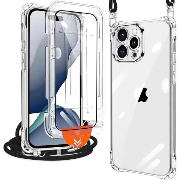 xiusiteli iPhone 16 Pro Max ケース クリア (1枚ガラスフィルム付き) ショルダー ストラップ付き iPhone16ProMax スマホケース アイフォン16 Pro Max カバー 耐衝撃 薄型 軽量 TPUス...