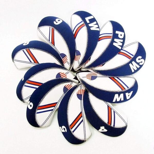 ポンポンスポーツ ゴルフアイアンカバー ヘッドカバー アメリカフラグ イギリスフラグ US/UK FLAG ネオプレン 10枚入り (ダックブルー)商品コード：66079731270