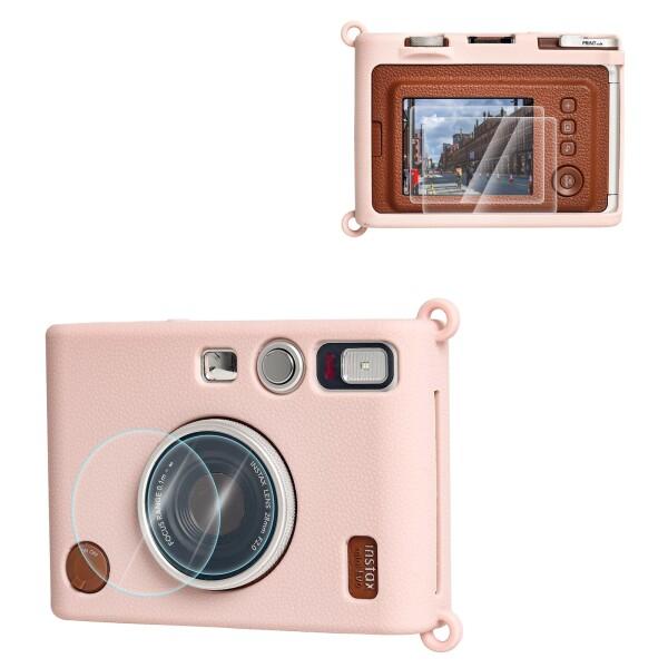 VOVMOEYA シリコンケース+強化ガラススクリーン保護フィルム+PET製レンズプロテクター For FUJIFILM Instax Mini Evo、チェキ Instax Mini Evoアクセサリー シリコンカバー カメラ保護ケース ...