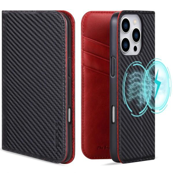 VISOUL iPhone16 Pro 対応ケース 手帳型 本革 スマホケース レザーケース 手帳型ケース アイフォン16 Pro ケース カード収納 MagSafe対応 携帯ケース 全面保護 マグネット 柔軟なTPU素材 カーボンレザー ...