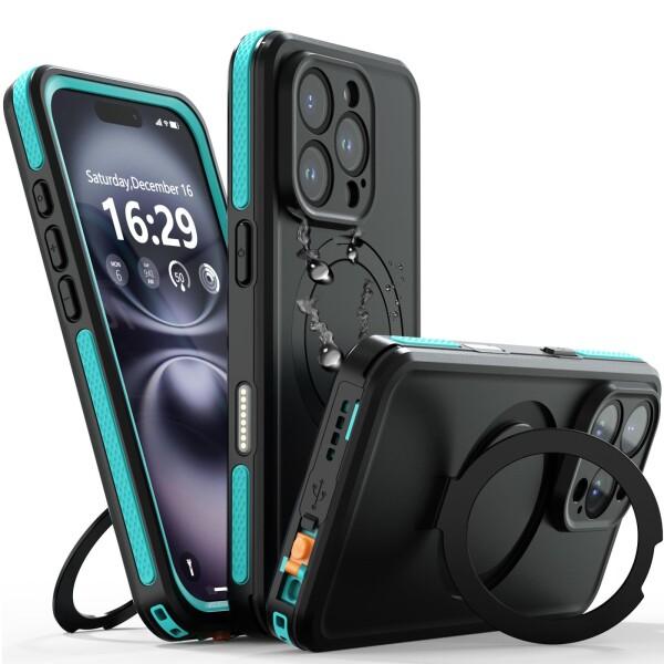 UMITTOS iPhone 16 Pro 用 ケース 防水 衝撃吸収 水中撮影対応 顔認証対応 全面保護 完全防水 防雪 防塵 滑り止め 手持ちやすい 頑丈 耐衝撃 ストラップ付き 雨の日、お風呂など適用 防水ケース（6.3インチ） (ブ...