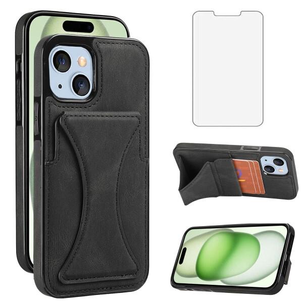 JSCOMYAP iPhone 15 ケース用 いphone15 ケース + iphone15 ?化 ガラス フィルム PUレザーカード収納横置きスタンド機能付き 携帯ケース 人気 衝撃吸収 スマホケース Case Cover iP15 ア...