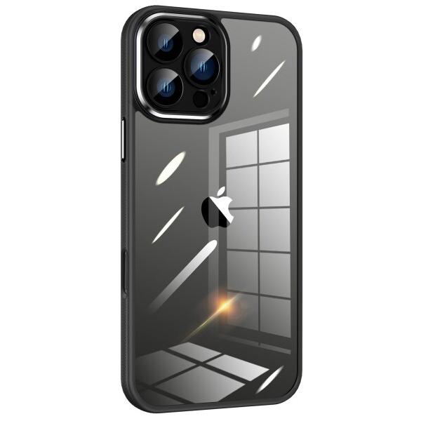 Donocao iPhone 16 ProMax用ケース クリアアクリル背面プレート 透明 シリコン衝撃吸収 薄型 カメラカバー付きレンズ保護 指紋防止 黄ばみなし ワイヤレス充電対応 オシャレアイフォン16プロマックスケース ブラック商品...