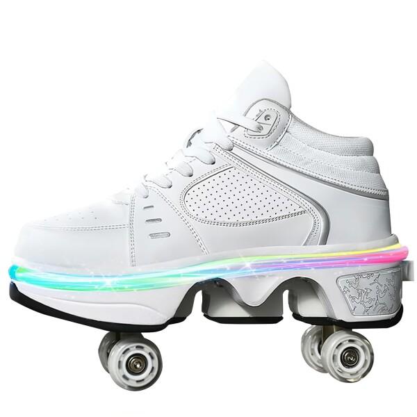 (ZQYR#) ローラースケート 子供 ローラーシューズ 女の子 収納可能な車輪 4輪 自動ウォーキングシューズ 大人 ローラー靴子 キッズ 初心者 の複列変形ホイールスケート靴 男女兼用 誕生日クリスマス ホリデープレゼント (光ありの白...