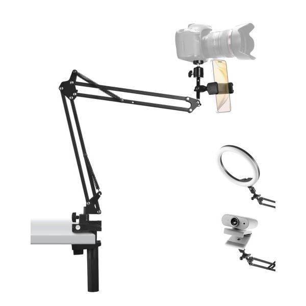 スマホスタンド アーム 寝ながら カメラアーム ウェブカメラスタンド スマホホルダー ベッド 俯瞰撮影 角度調整 高さ調整 クランプ式 1/4ネジ・スマホホルダー付き 360° 回転 5穴土台 動画鑑賞、ビデオ通話、生放送、Web会議などに...