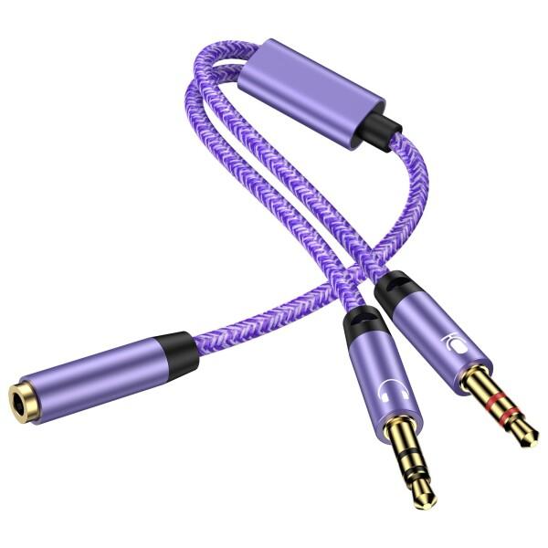 AbcPow 3.5mm オーディオ分配ケーブル イヤホン・マイク延長ケーブル 26cm 4極(メス)⇔3極(オス)×2 マイク変換ケーブル ヘッドセット変換ケーブル デスクトップパソコン/旧型のノートパソコンに対応 パープル商品コード：6...