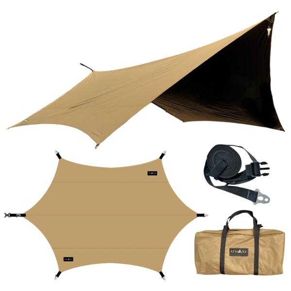 LUHANA タープ ヘキサタープ 難燃性ポリエステル 耐水圧8000mm ブラックコーティング 遮光 大型 5m延長ベルト付き 軽量 (サンドベージュ（難燃性ブラックコーティング）, 420×410cm（タープ本体＋延長ベルト）)商品コー...