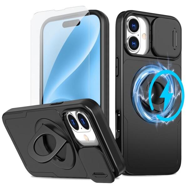 JSCOMYAP iPhone 16 用ケース MagSafe対応 ハイブリッド磁気 スマホケース+ ?化 ガラス フ フィルム マグネット搭載 横置き機能リング スタンド 耐衝撃 Case Cover いphone16 あいふおん あいほ...