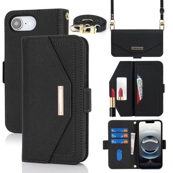 対応 iPhone 16e ケース 手帳型 ショルダー 鏡 iPhone 17e ケース 財布型 あいふおん16eケース ストラップ付き ミラー カード収納 クロスボディ アイフォン 17e ケース 肩がけ 首掛け 斜め掛け 耐衝撃 レザー...