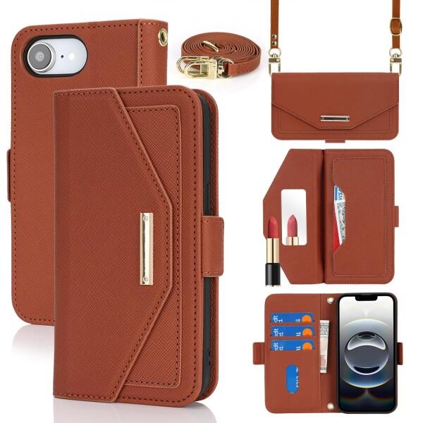 対応 iPhone 16e ケース 手帳型 ショルダー 鏡 iPhone 17e ケース 財布型 あいふおん16eケース ストラップ付き ミラー カード収納 クロスボディ アイフォン 17e ケース 肩がけ 首掛け 斜め掛け 耐衝撃 レザー...