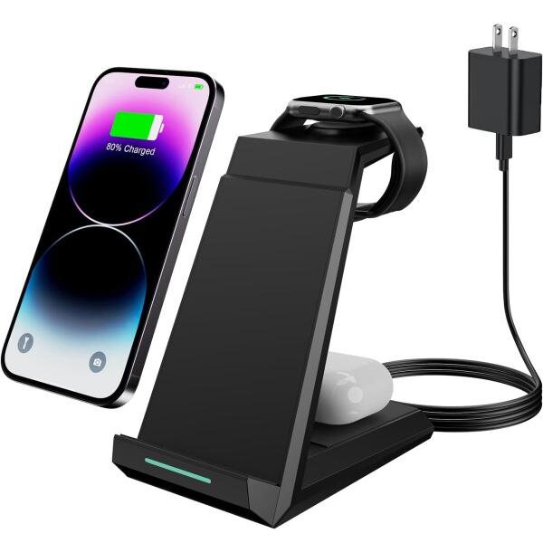 ADADPU 3in1 ワイヤレス充電器 置くだけ 充電スタンド３台同時 20WPD3.0アダプター付属 (Qi/PSE認証) 急速充電 最大15W出力 iPhone 17/16/15/14/13/12 seris・Galaxy S25/S...