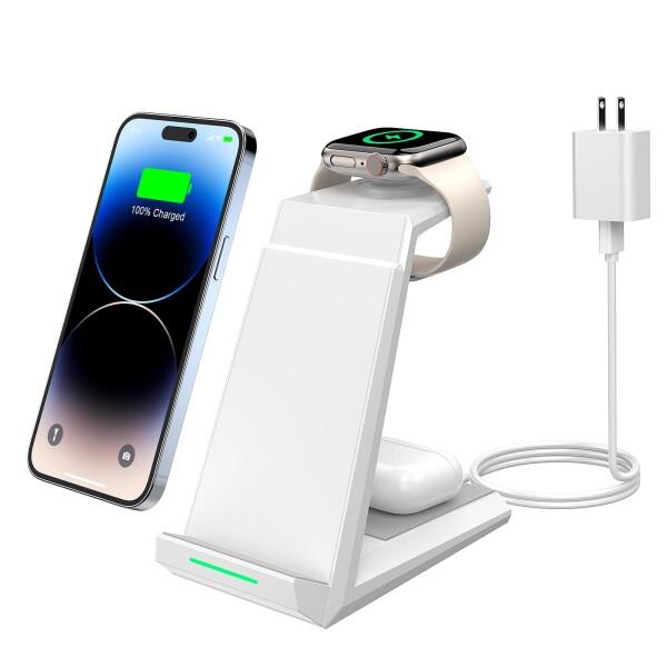 ADADPU 3in1 ワイヤレス充電器 置くだけ 充電スタンド３台同時 20WPD3.0アダプター付属 (Qi/PSE認証) 急速充電 最大15W出力 iPhone 16/15/14/13/12 seris・Galaxy S25/S24/...