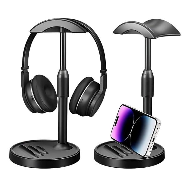 YUENTOEN 卓上 ヘッドホン スタンド付きスマホスタンド 高さ調節可能 折りたたみ式 ヘッドフォン スタンド ヘッドホン置き ゲームルーム、書斎、オフィスに適用 （黒い）商品コード：66079764445型番：YUET243カラー：黒...