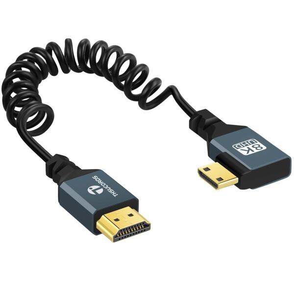 Thsucords 8K 右角 L型 ミニ HDMI to HDMI コイルケーブル、 90度 HDMI to Mini HDMI オス-オス スパイラルコード 8K@60Hz 4K@120Hz 48Gbps Nikon/Canon デジタ...