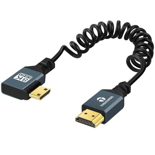 Thsucords 8K 左角 L型 ミニ HDMI to HDMI コイルケーブル、 90度 HDMI to Mini HDMI オス-オス スパイラルコード 8K@60Hz 4K@120Hz 48Gbps Nikon/Canon デジタ...