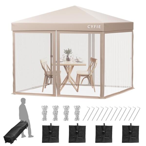CYFIE タープテント 3m×3m 大型 蚊帳付き 日よけ UVカット 両開きドア 防水 耐風 アウトドア キャンプ 公園 運動会 簡単設営 キャスター付き収納ケース付属 カーキ商品コード：66079777706型番：YY-L039-LP...