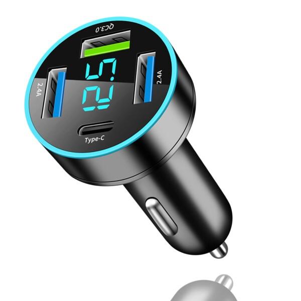 JSFOYU シガーソケット usb QC3.0/Type-C LEDデジタルディスプレー搭載 シガーソケット 4連 シガーソケット 電圧計 車 usb 車載充電器 軽量 12〜24V車対応 カーチャージャー(ブラック)商品コード：6607...