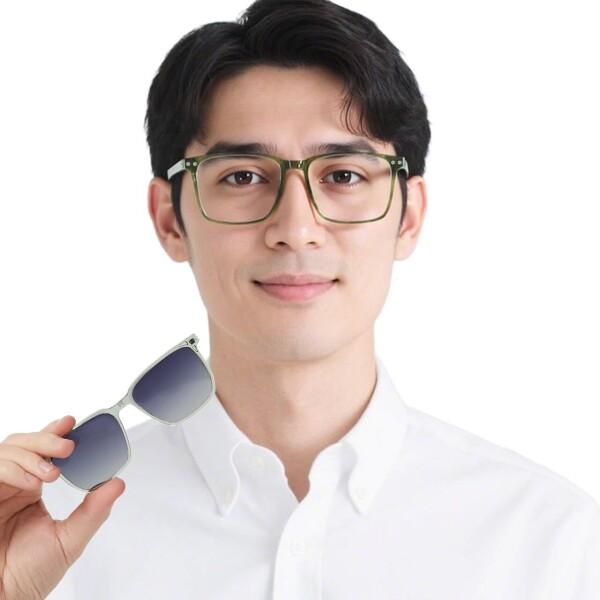 (OCCI CHIARI) グリーンスクエア型 ブルーライトカット＆磁気着脱式偏光レンズ 兼用メガネ メンズ向け 読書・仕事・アウトドア対応・運転用商品コード：66079907875サイズ：54-20-141カラー：グリーン【プレミアムブル...