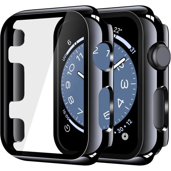 ULOE For Apple Watch Series 2 Series 3 38mm ケース, 超薄型 PC+ガラス素材 全面保護 高透過率 装着簡単 耐衝撃 指紋防止 傷防止 対応アップルウォッチ 2/3 38mmカバー（ジェット・ブラ...