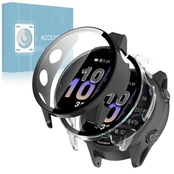 For Garmin Forerunner 970用 ケース ガラスフィルム 一体型 Forerunner 970保護カバー 全面保護 強化ガラス 耐衝撃 高透過率 指紋防止 スマートウォッチケース（ブラック+クリア)商品コード：66079...