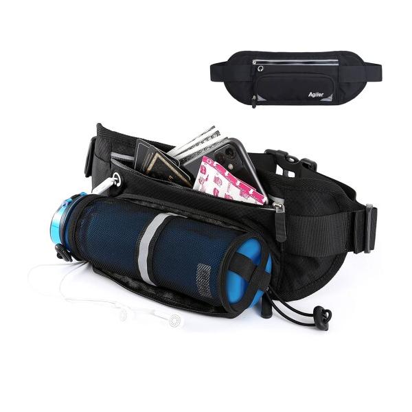 Agiler ランニングポーチ ウェストポーチ 防水 イヤホン対応 スポーツ ジム キャンプ 旅行 ジョギング 登山 ベルト調節可能 iPhone Android 6.8インチスマホ収納可能 (ペットボトル収納あり, ブラック)商品コード：...