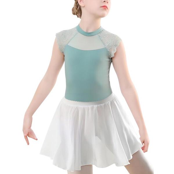 (AIEOE) 子供用バレエレオタード ガールズ ダンス服 キッズ 体操服 バレエダンス女の子 バレエ練習服 綿素材 スカート付き バレエ用品 レース 花柄 袖なし 発表会 舞台用 演出服 教室 #グリーン01,160商品コード：66079...