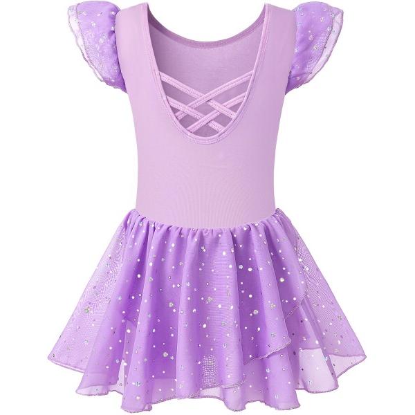 (DANSHOW)子供用バレエレオタード フリルスリーブ シフォンスカートバレエ・新体操教室の練習用(50431-09-L)商品コード：66079936775サイズ：130カラー：パープル?グリッターデザイン?スカートと袖にはキラキラのスパ...