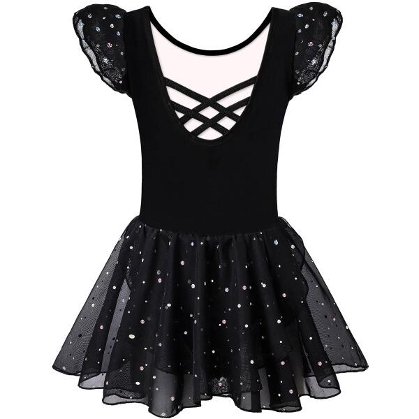 (DANSHOW)子供用バレエレオタード フリルスリーブ シフォンスカートバレエ・新体操教室の練習用(50431-06-L)商品コード：66079936777サイズ：130カラー：ブラック?グリッターデザイン?スカートと袖にはキラキラのスパ...