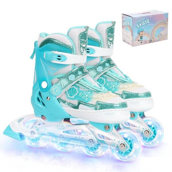 Skycase インラインスケート ローラースケート 子供用 サイズ調節可能 プロテクターセット付き キッズ 発光 耐久 静音 初心者向け 男女共用 軽量 通気性 耐久 運動 アウトドア 児童 ジュニア プレゼント（グリーン，XS (内寸 ...
