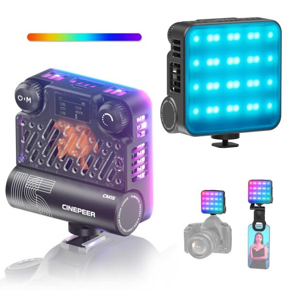 (公式旗艦店)ZHIYUN CINEPEER CM15 15W RGB ビデオライト、クランプ電話ホルダーとコールドシュー付き自撮りライト、18 の光効果付き LED ビデオライト、2600mAh, CRI 94+ TLCI 96+, 25...