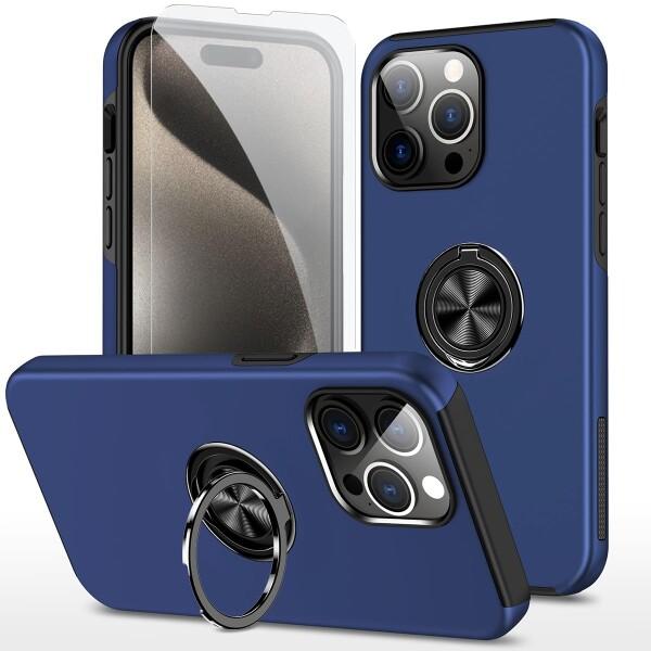 JSCOMYAP iPhone 15 pro ケース用, アイホン15 Pro スマホケース + iPhone15pro ?化 ガラス フィルム リング付き スタンド機能 携帯ケース 耐衝撃 衝撃 スマホカバー Case Cover アイフ...
