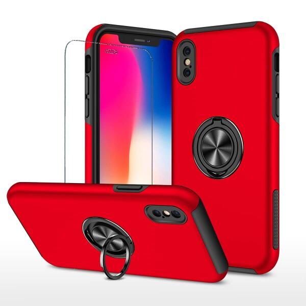 JSCOMYAP iPhone X/XS ケース用 + iPX ?化 ガラス フィルム リング付き スマホケース スタンド機能 携帯ケース 耐衝撃 Case Cover アイフォンx 10 アイフォン10s 10s いphone iPhon...