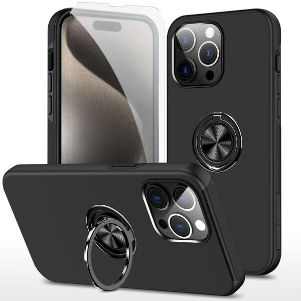 JSCOMYAP iPhone 15 pro ケース用, アイホン15 Pro スマホケース + iPhone15pro ?化 ガラス フィルム リング付き スタンド機能 携帯ケース 耐衝撃 衝撃 スマホカバー Case Cover アイフ...