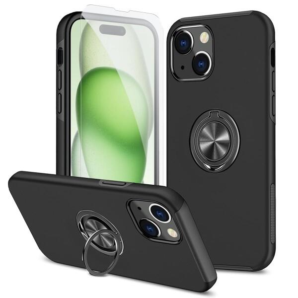 JSCOMYAP iPhone 15 ケース用, アイフォン15 スマホケース + ?化 ガラス フィルム リング付き スタンド機能 携帯ケース 耐衝撃 衝撃 スマホカバー Case Cover アイホン いphone15 いpほね15 あ...