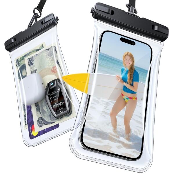 MINSLIS スマホ 防水 ケースIPX8 水中タッチ対応小物収納 ダブルポケット お風呂/海/プール/温泉対応 高透過率画面 顔認証 両手解放 ストラップ付き iPhone/Android用 携帯ケース 雪遊び/スキー/登山/釣り用（ク...