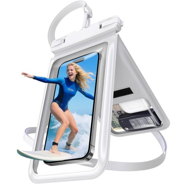 MINSLIS スマホ 防水 ケース水中タッチ対応小物収納 ダブルポケット お風呂/海/プール/温泉対応 高透過率画面 顔認証 両手解放 ストラップ付き iPhone/Android用 携帯ケース 雪遊び/スキー/登山/釣り用（ホワイト）商...