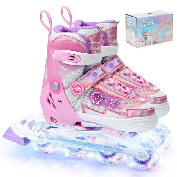 Skycase インラインスケート ローラースケート 子供用 サイズ調節可能 プロテクターセット付き キッズ 発光 耐久 静音 初心者向け 男女共用 軽量 通気性 耐久 運動 アウトドア 児童 ジュニア プレゼント（ピンク，XS (内寸 1...
