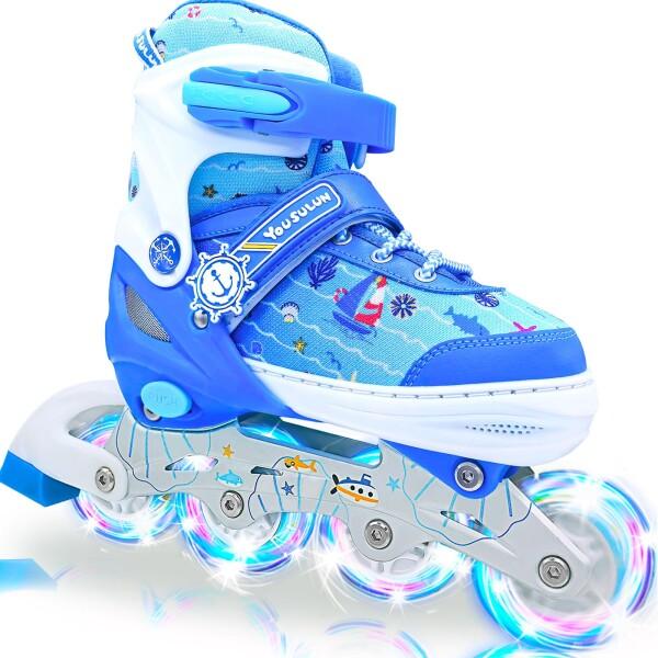 インラインスケート ローラーシューズ 4サイズ調整可能な子供用ローラーブレード ライトアップホイール付き 屋外照明ローラースケート 女の子 男の子 初心者 ティーンエイジャー用 (青, M(21.5-24cm))商品コード：66080703...