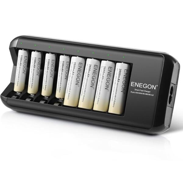 ENEGON Cargador R?pido de 8 Ranuras Incluye 4 Pilas Recargables Ni-MH AAA de 1100mAh y 4 Pilas Recargables AA de 2800mAh...