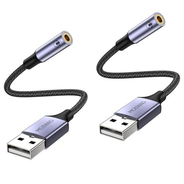 MOSWAG USBからオーディオジャックアダプタ（2パック）、3.5 mm補助ステレオ変換器付き外部サウンドカードジャックオーディオアダプタ、ヘッドホン、PC、ノートパソコン、Linux、デスクトップ、PS4などの機器に対応商品コード：6...