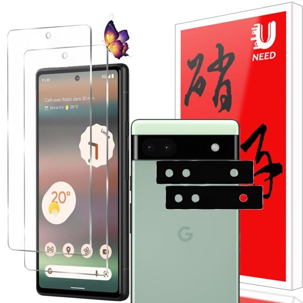UNEED Google Pixel 6a 用のガラスフィルム（2枚）+カメラフィルム（2枚） ピクセル 6A 用の フイルム 強化液晶保護フィルム ワンタッチ貼付け/気泡ゼロ/ケースと干渉せず/硬度9H/飛散防止/指紋防止/指紋認証対応商...