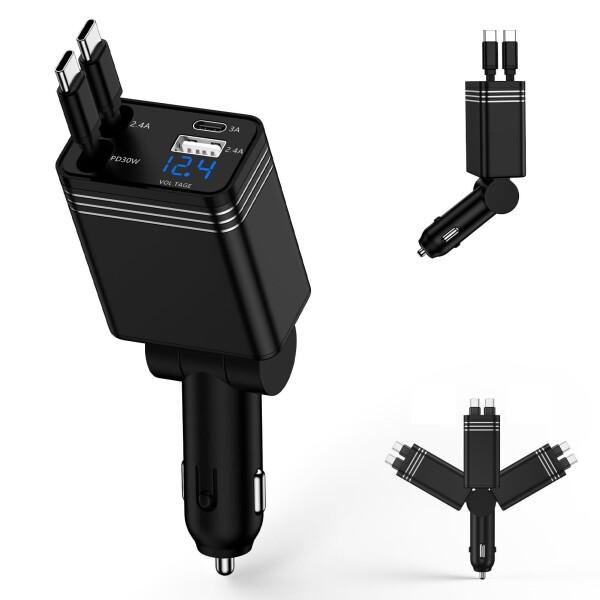 AbcPow シガーソケット 車 充電器 Type-C巻き取り式充電ケーブル2本 47W 4台同時充電可能 LED表示電圧 急速充電 カーチャージャー スマホ 車載充電器 コンパクトサイズ iPhone Air,17,17 Pro,17 P...