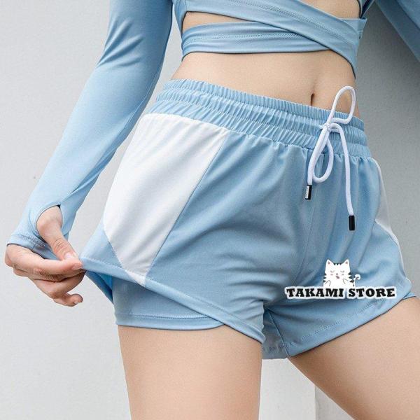 爆買 ヨガパンツ スパッツ付き ショートパンツ スポーツウェア レディース 可愛い 動きやすい 短パン フィットネスウェア ヨガウェア ウエストゴム 軽量 夏 薄手【色展開】ピンク、ブルー、ブラック【サイズ（cm）】S  ：ウェスト60　ヒ...