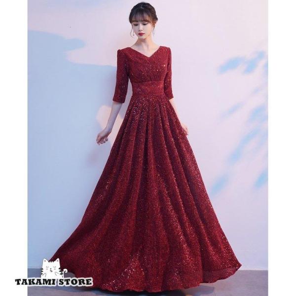 爆買 ● 商品名 ● パーティードレス ロング 結婚式 服装 ドレス お呼ばれドレス 女性 20代 30代 40代 ロングドレス 演奏会 袖あり 五分袖 ラメ 小さいサイズ 大きいサイズ 3L Vネック 上品 ハイウエスト ウエストマーク ...