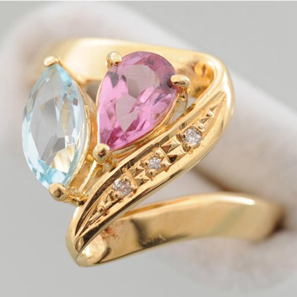 ●　【H21】 K18　イエローゴールド　天然ピンクトルマリン　天然トパーズ　メレダイヤ　デザイン　リング 指輪　中古品仕上げ済み●　刻印：　K18　002●　材質：18金イエローゴールド、天然ピンクトルマリン（ティアドロップカット）1石、...