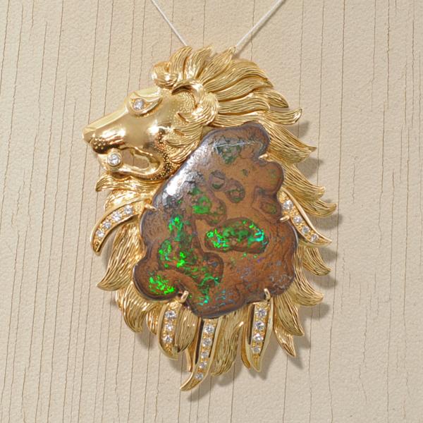 ●　【I55】　K18 イエローゴールド 天然 アイアンオパール 天然 ダイヤ ライオン デザイン ペンダントトップ 兼 ループタイ 中古品仕上済●　刻印：K18　B2968　D039  ●　材質：18金イエローゴールド、天然アイアンオパー...