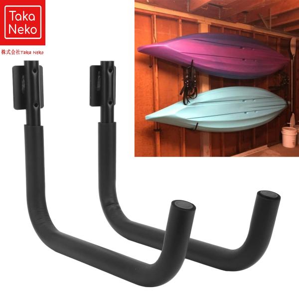 【大物収納に最適】屋内でも屋外でも収納できるこのカヤック壁掛けラックは、ガレージ、庭、倉庫のスペースをもっと節約できます。高品質の収納フックは、様々な大型ツールを保持することができます。乾式壁、壁のスタッドや他の壁の種類にきちんとフィットし...
