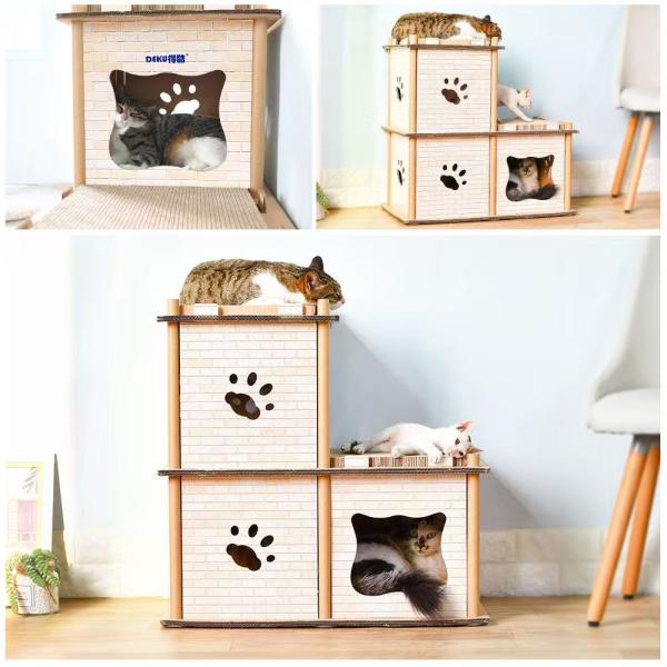 猫の家のサイズ：高密度段ボール、猫用品、猫箱、3階建ての猫の家、製品仕様: 幅 98cm 奥行 37cm 高さ 99cm多機能：猫は1日に複数回爪切りを使用する必要があるため、3階建ての建物の屋根に爪切りがあり、猫が横になると、眠っていると...