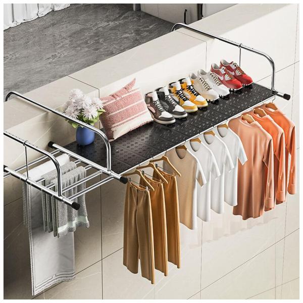 【製品素材】ベランダ用物干しステンレス鋼製で、頑丈で耐久性があり、防水性と防錆性、傷に強く、高温に強く、強力な耐荷重能力を備えています。収納ボードはPPプラスチック製で取り外し可能です。物干し面積を増やすことができます。【製品仕様】ベランダ...